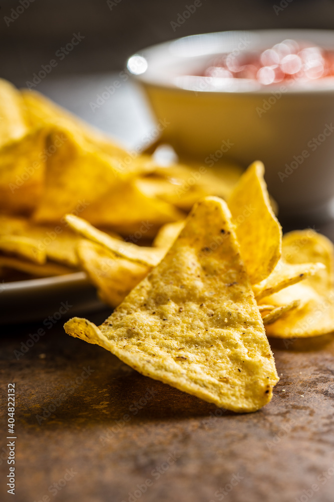Tortilla chips and red tomato salsa dip. Mexican nacho chips. Stock ...