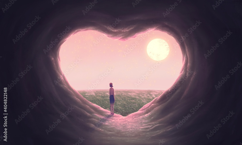 Love concept art Floating woman with heart cave, imagination painting ...