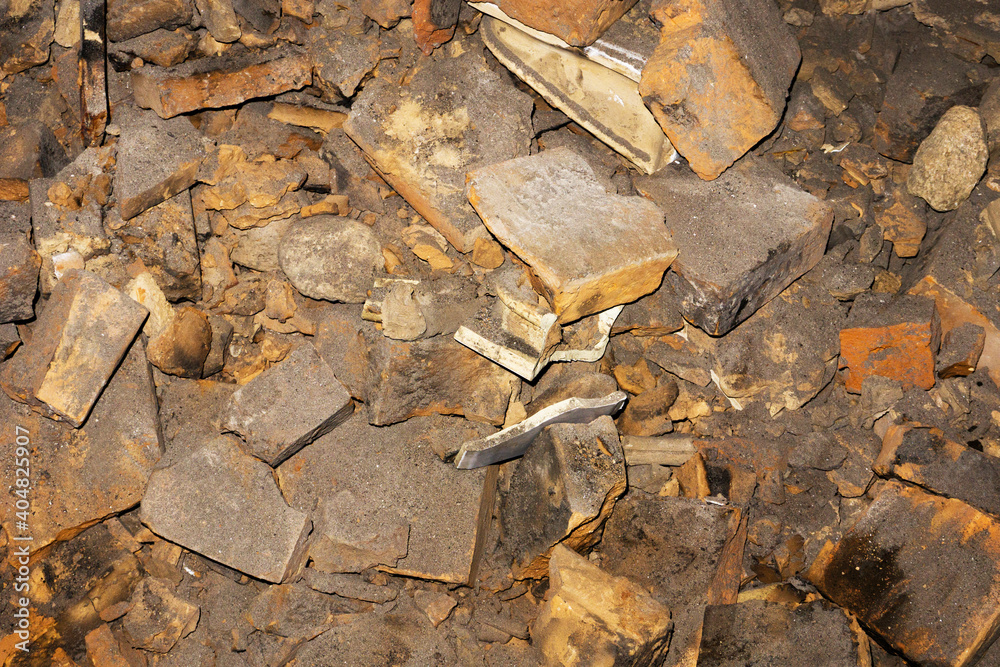 Home destruction background. Chimney demolition texture. Cracked bricks ...
