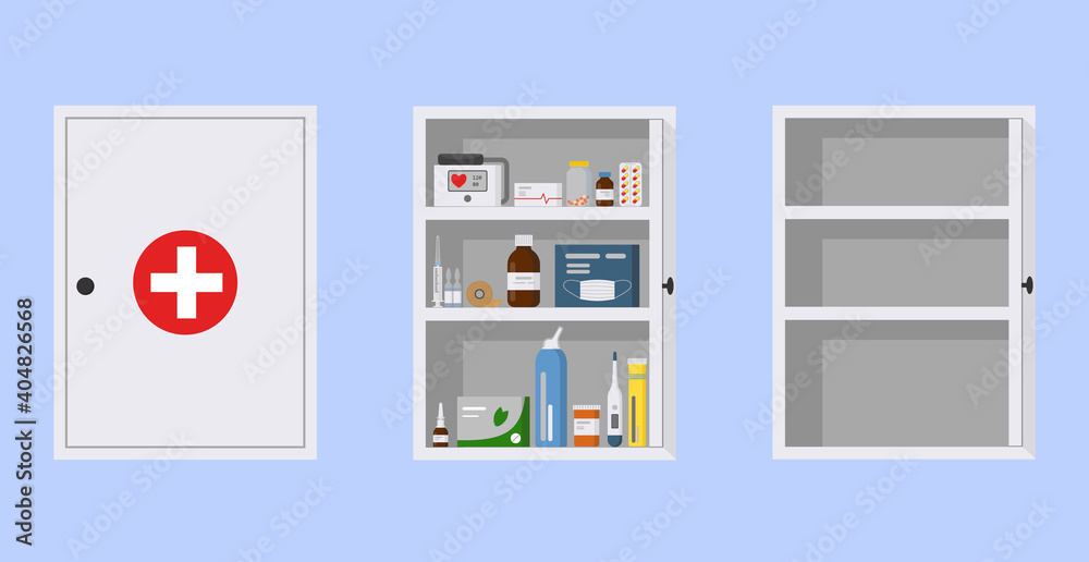Medicine cabinet for medication storage with open and closed door. Set ...