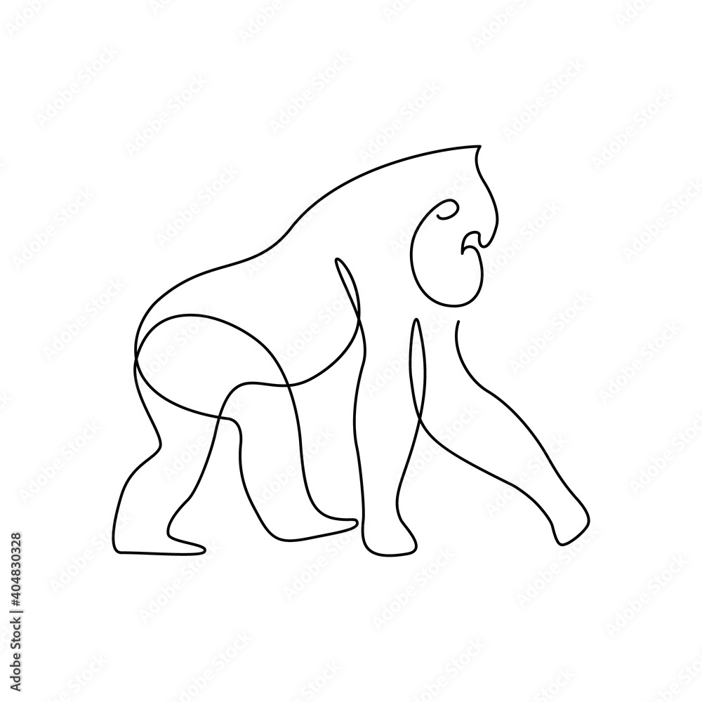Gorilla in continuous line art drawing style. Great ape primate ...