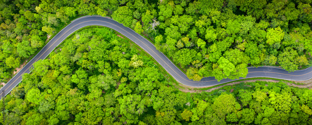 Winding road, top view of beautiful aerial view of asphalt road ...