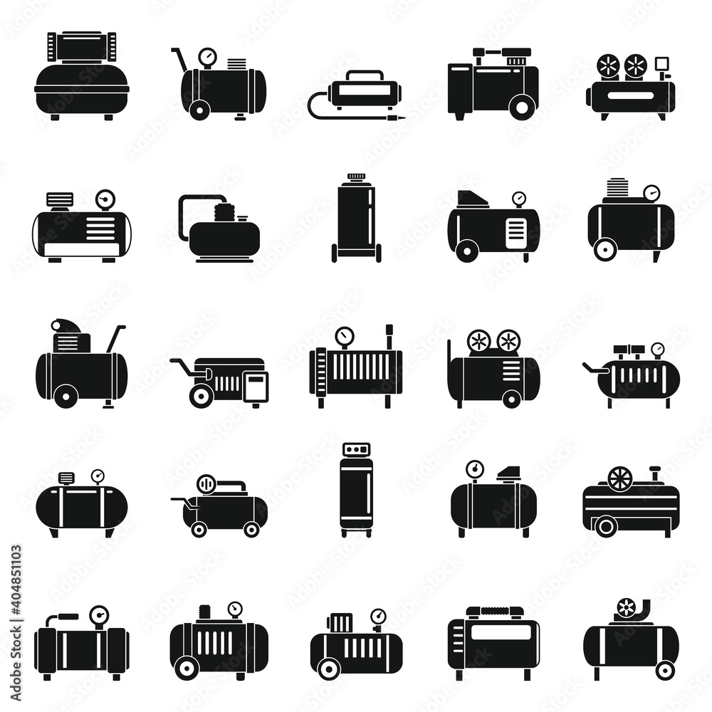 Air compressor pneumatic icons set. Simple set of air compressor ...