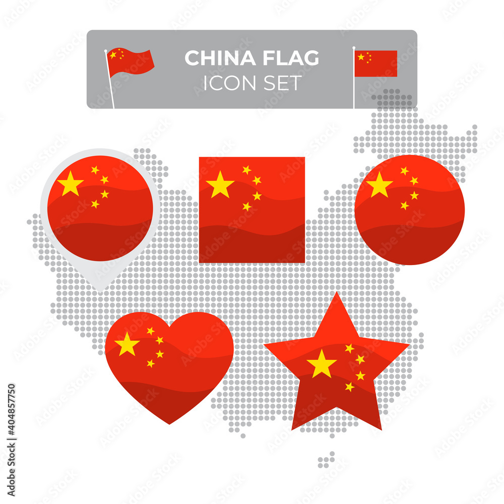 China flag icons set in the shape of square, heart, circle, stars and ...
