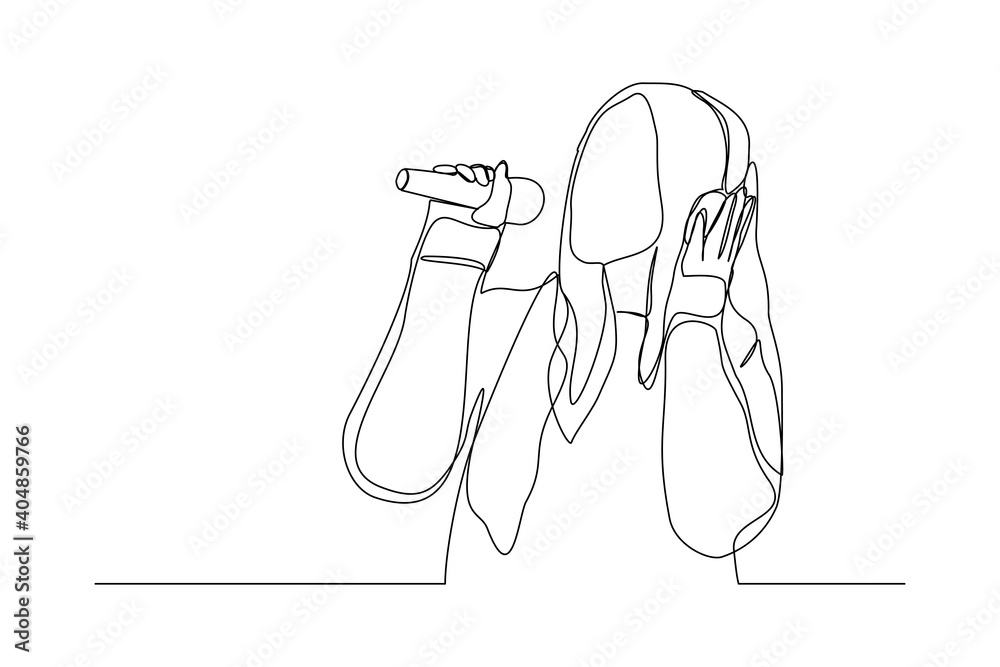 Continuous line drawing of young happy female pop singer holding ...