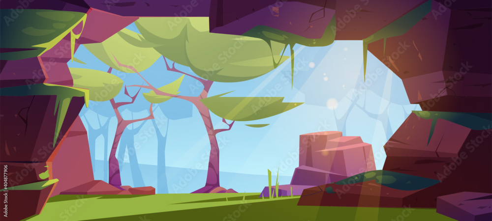 Jungle cave entrance, hole in rock with green trees, grass, moss and ...