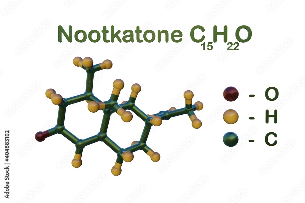 Structural chemical formula and molecular model of nootkatone, a ...
