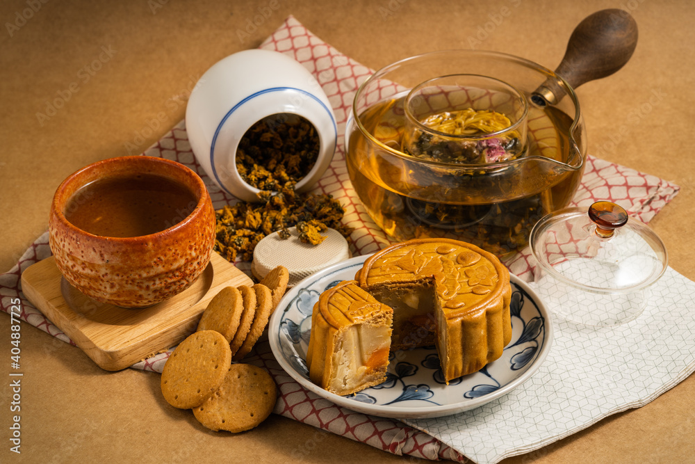 Chinese cultural mid autumn festival, moon cake and flower tea set ...