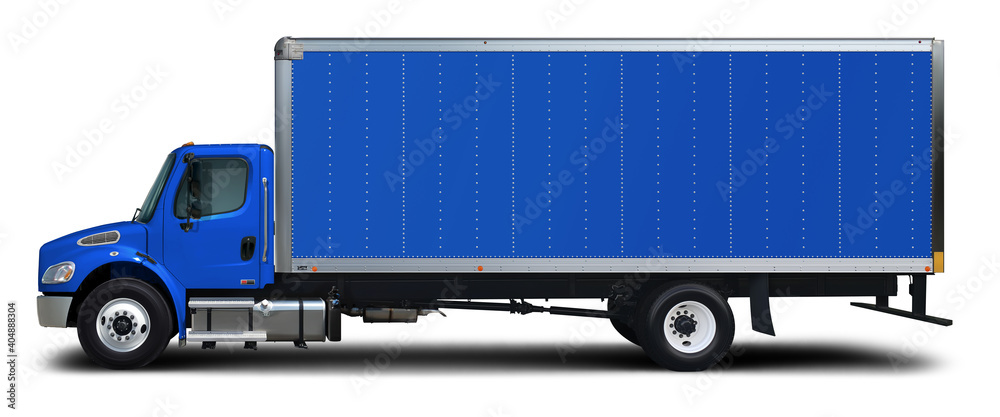 Completely blue delivery truck side view isolated on white background ...