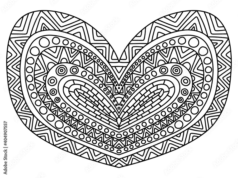 Valentine day ornamental heart zen art coloring page vector. Happy ...