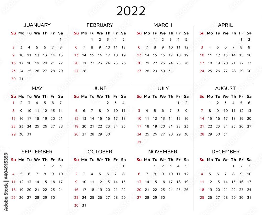 Calendar for 2022 year, week starts on sunday. Template planner for ...