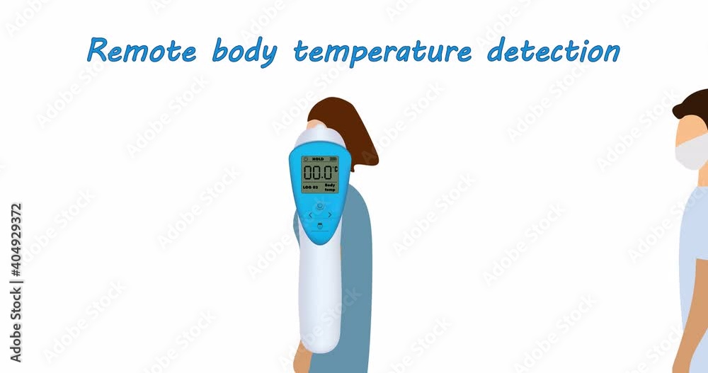 Remote body temperature detection. Men and women move wearing surgical ...