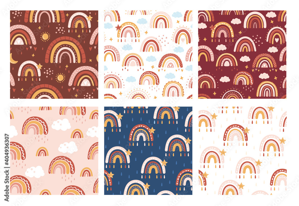 Rainbow seamless pattern set. Vector hand drawn rainbow in cartoon ...