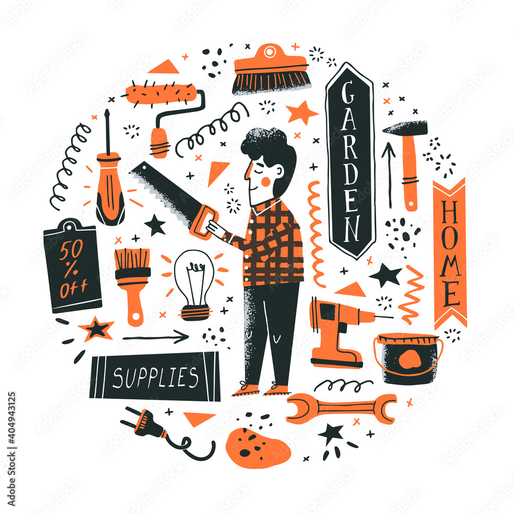 DIY shop concept. Man standing with a saw and choosing tools in a ...