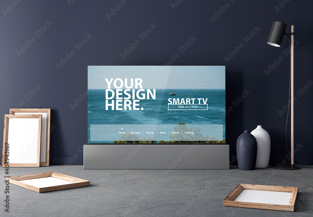 Modern Smart Tv Mockup on the Floor in Front of a Blue Wall Stock ...