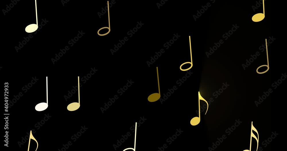 Flying musical notes on black screen. Golden musical notation symphony ...