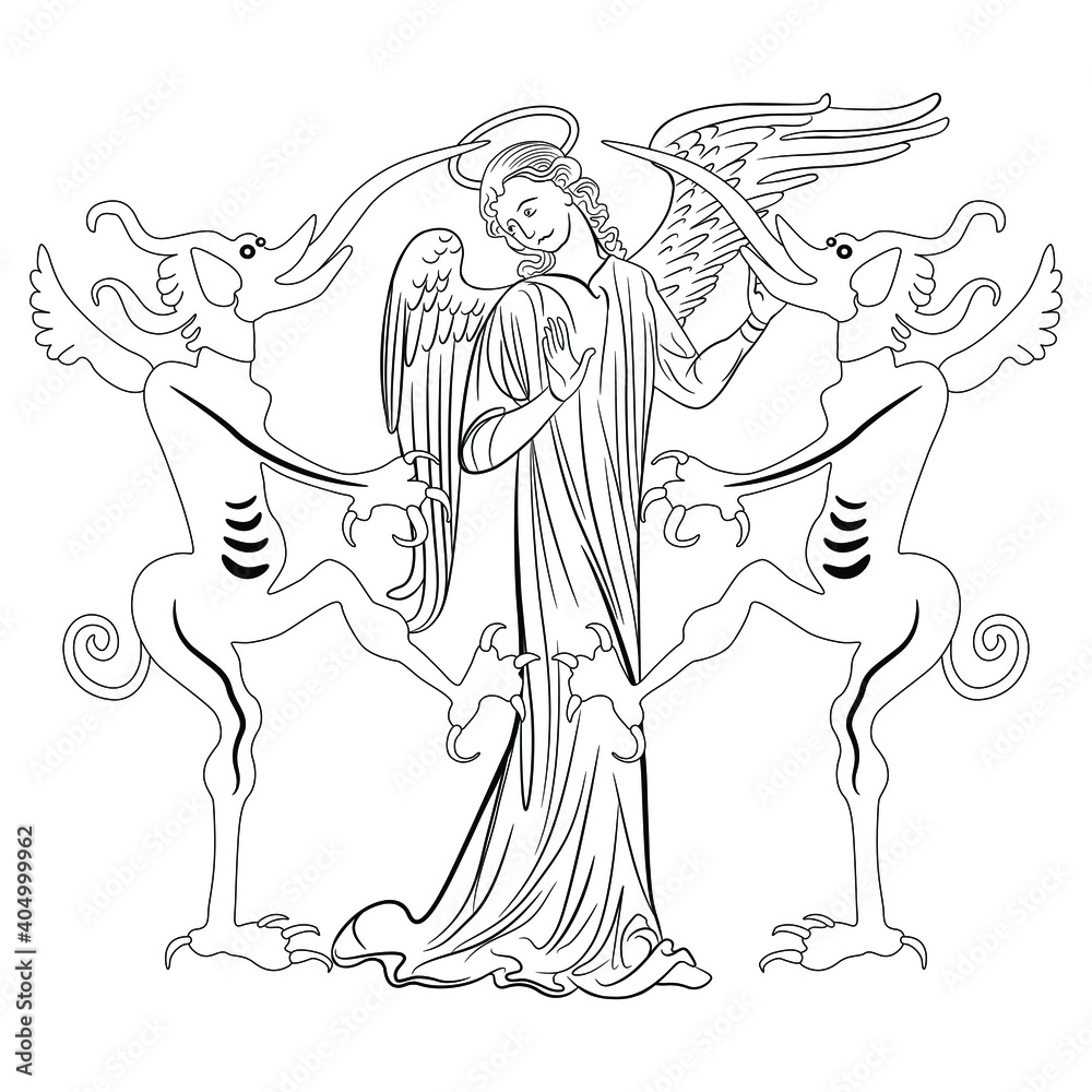 Christian angel standing between two devils with long tongues. Sin and ...