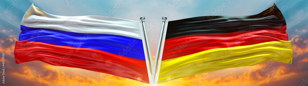 Double Flag Germany and Russia flag waving flag with texture sky ...