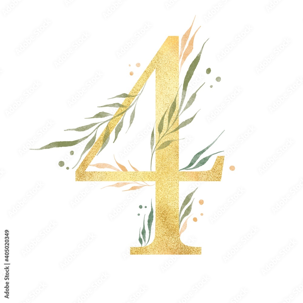 Golden number 4 with leaf and branch elements. Watercolor illustration ...