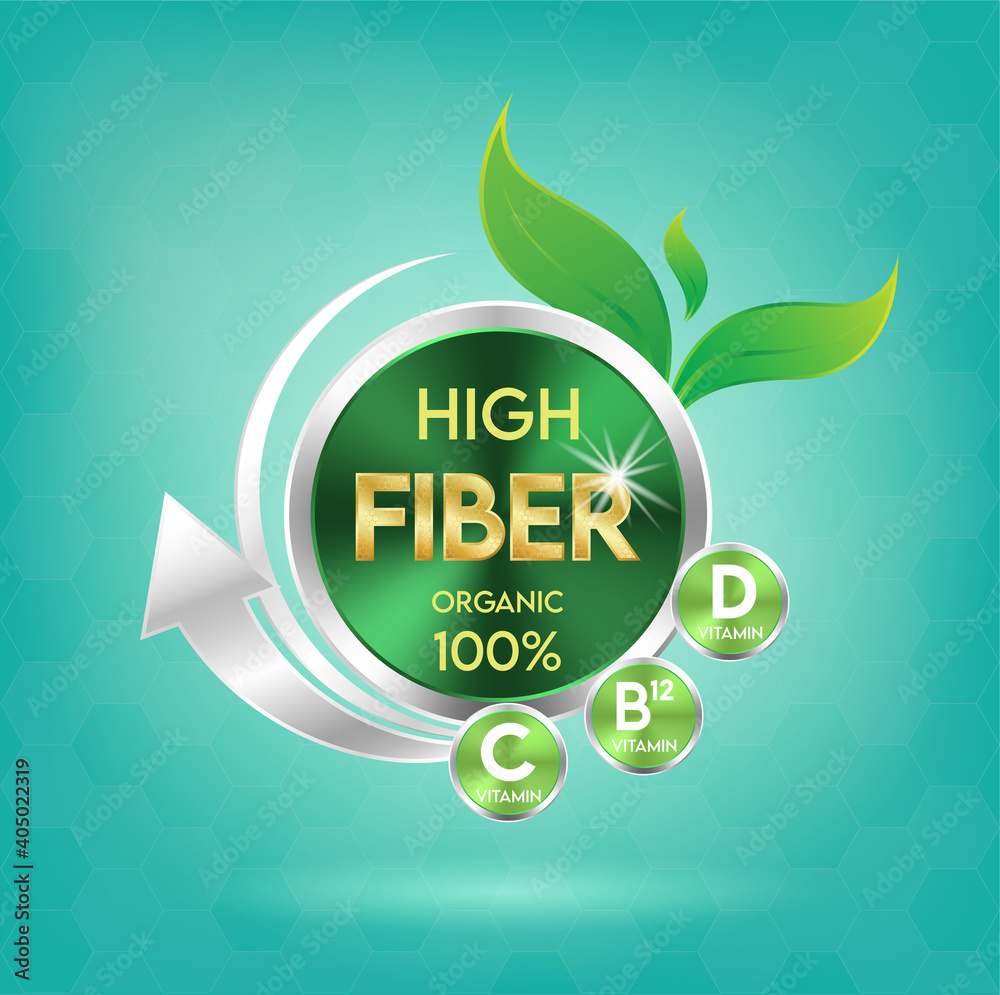 Fiber in Food concept label in golden letters in green frame on Light ...