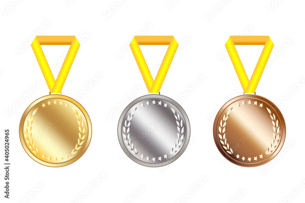 Three blank medals. Three awards with yellow ribbons. Gold, silver and ...