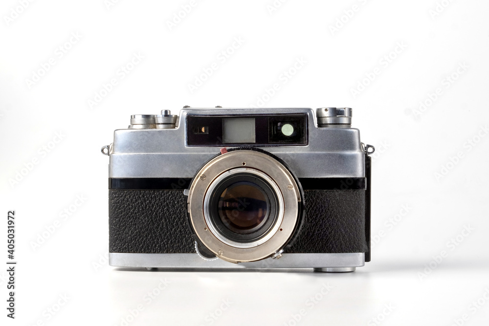 Antique old fashion film camera front view isolated on white background ...