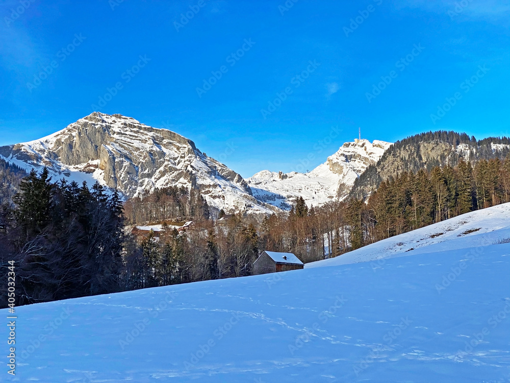 A hug of winter and snow on the alpine peaks Stoss and Säntis (Santis ...