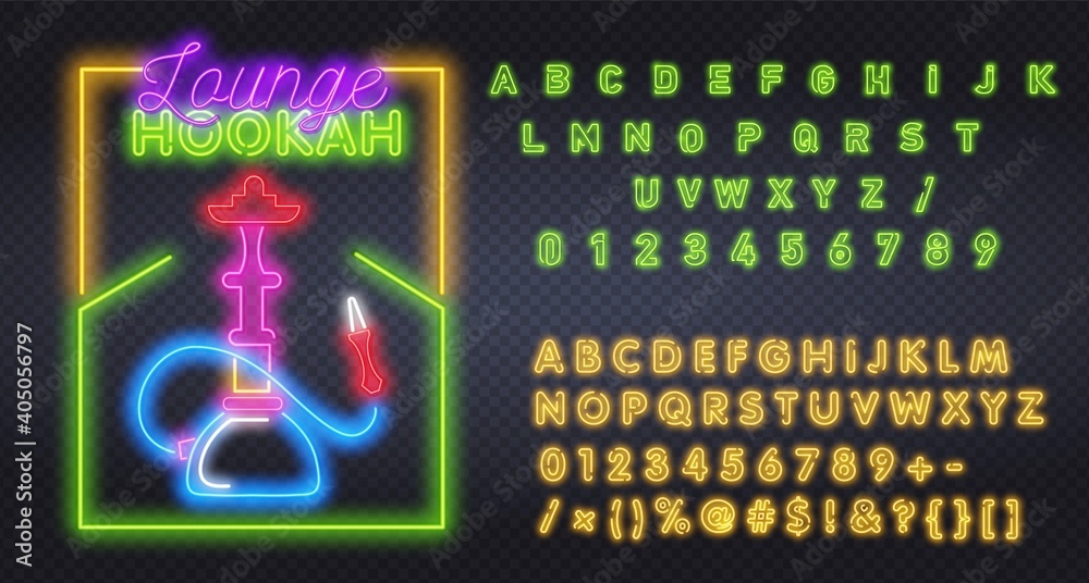 Neon hookah sing with alphabet. Hookah bar neon sign, bright signboard ...