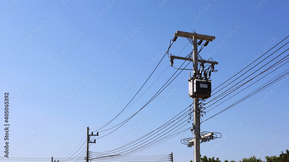 Transformer with a transmission line on a pole. Three-phase transformer ...