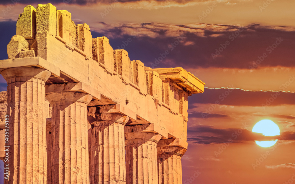 Parthenon ancient temple partial view under dramatic fiery sky, Athens acropolis Greece Stock ...