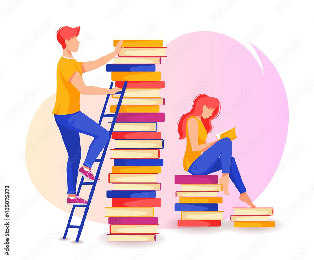 Man on the ladder taking a book, woman seating on the books and reading ...