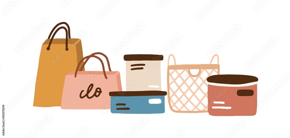 Collection of containers for storage. Branded parcels, packets, paper ...