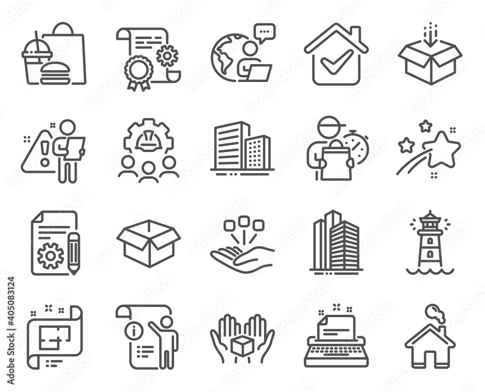 Industrial icons set. Included icon as Documentation, Architectural plan, Lighthouse signs ...