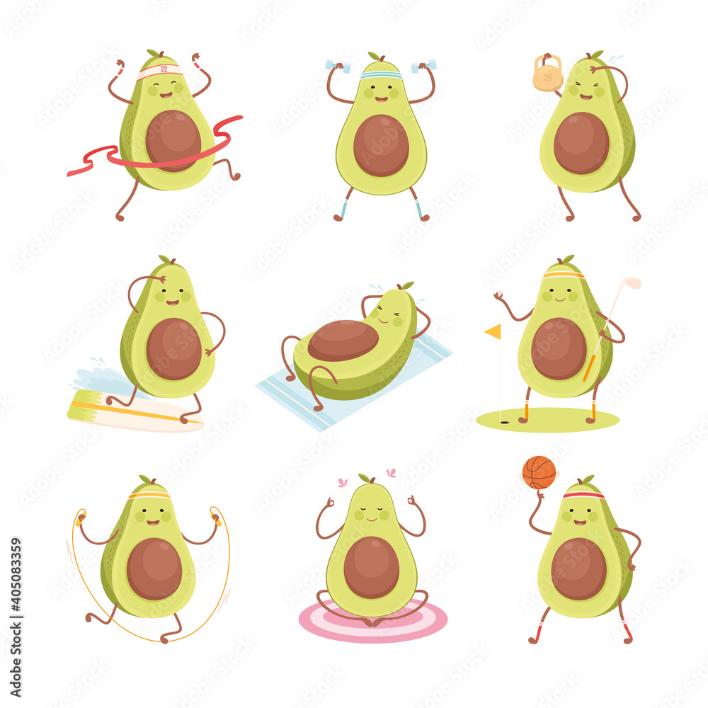 Cute Avocado Doing Fitness Exercises Set, Funny Fruit Character Doing ...
