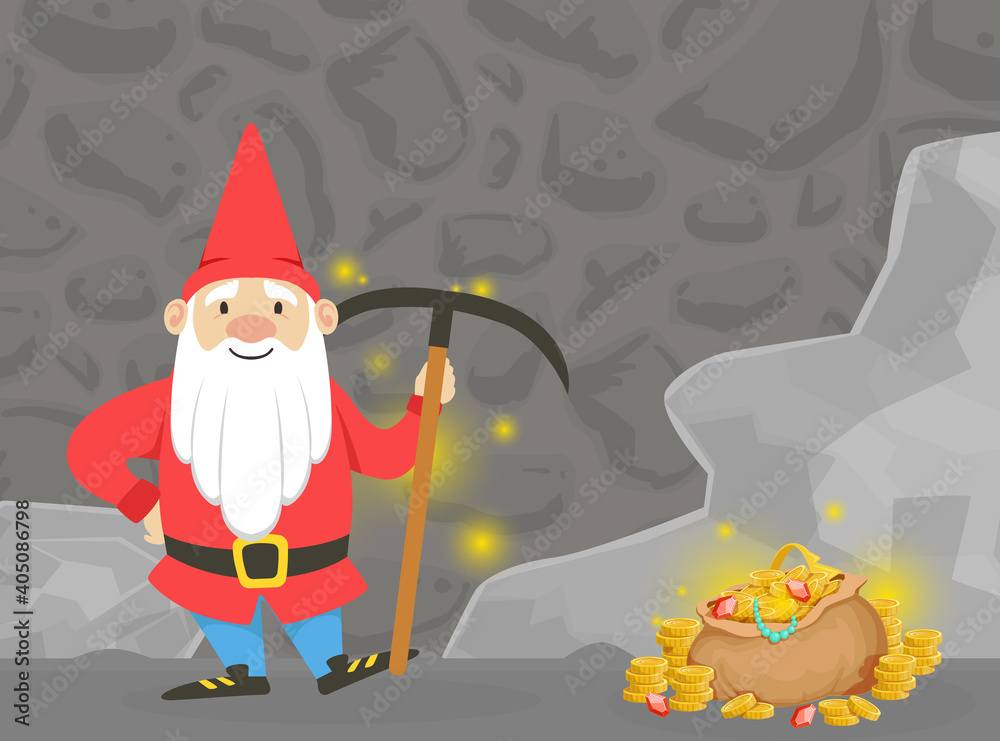 Cute Gnome in Mine Extracting Gems with Pickaxe, Happy Funny Fairy Tale ...