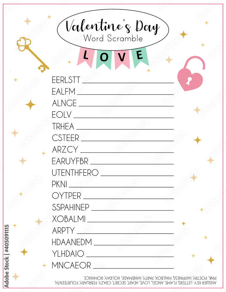 Valentine's Day word scramble. Party game. Printable worksheet for ...