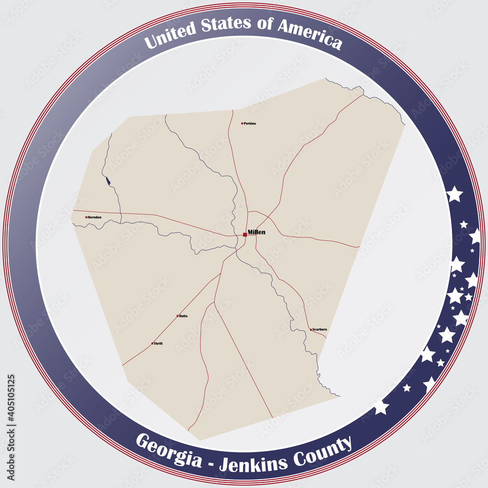 Large and detailed map of Jenkins county in Georgia, USA. Stock Vector ...