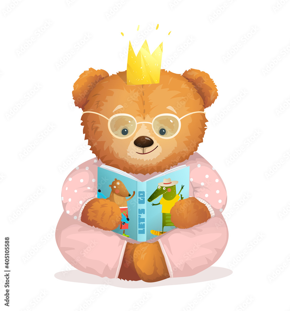 Cute Teddy Bear girl for children sitting reading book story wearing ...