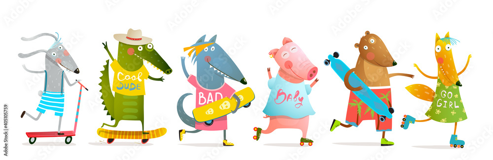 Cool baby animals for kids skating with roller blades and skateboard or ...
