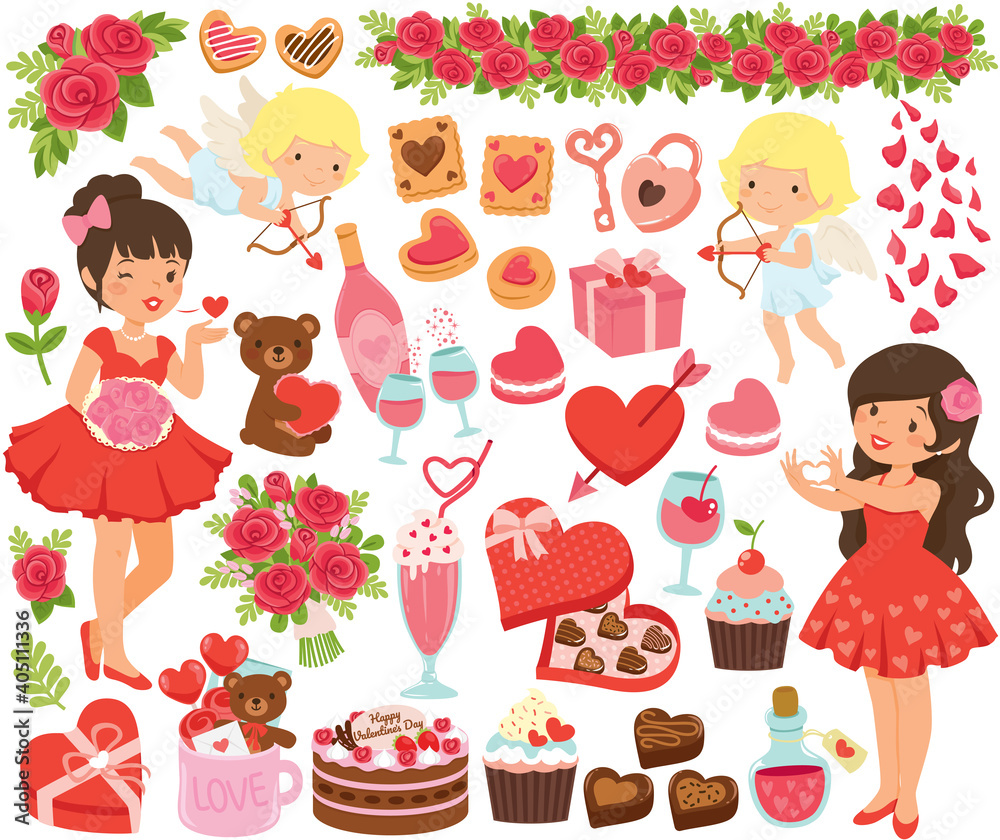 Valentines Clipart set. Cute cartoon girls, cupids and love symbols for ...