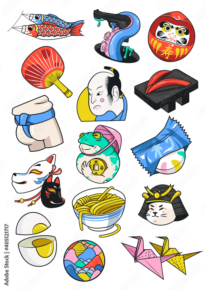 Japanese funny set. Traditional symbols, food and elements. Vector ...