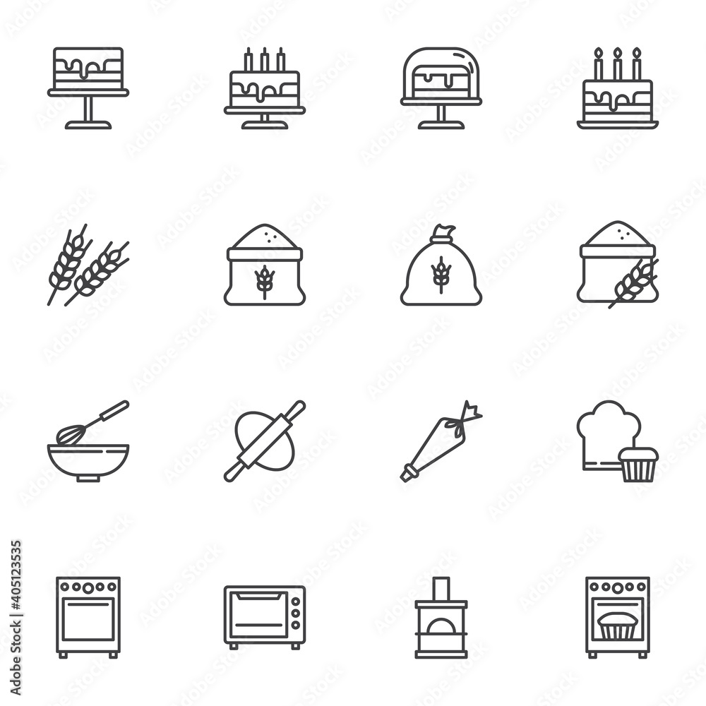 Bakery related line icons set, bakery shop outline vector symbol ...