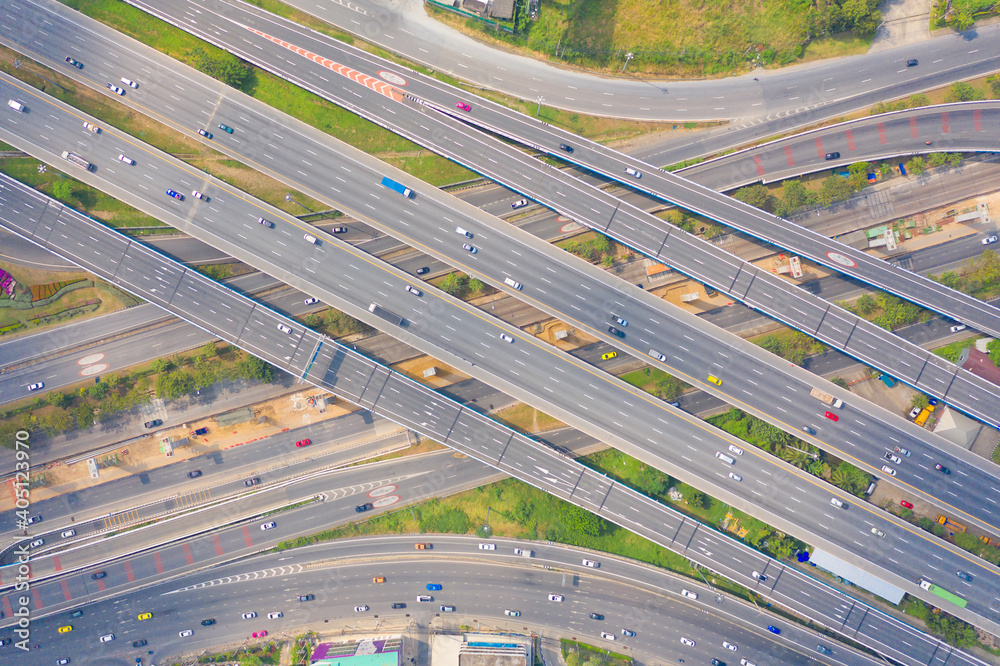 Aerial view of cars driving on highway or moterway. Overpass bridge ...