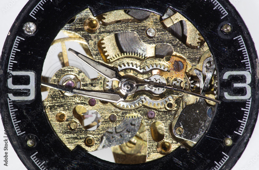 broken dial, gears, watch parts and wristwatch mechanism Stock Photo ...