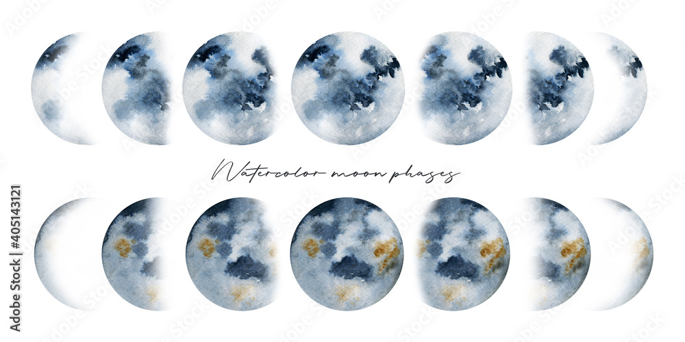 Watercolor artistic moon phases collection, hand painted isolated ...
