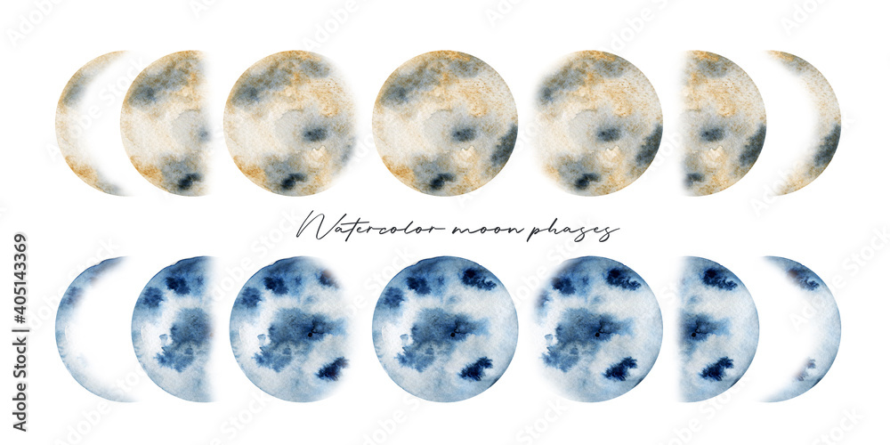 Watercolor artistic moon phases collection, hand painted isolated ...