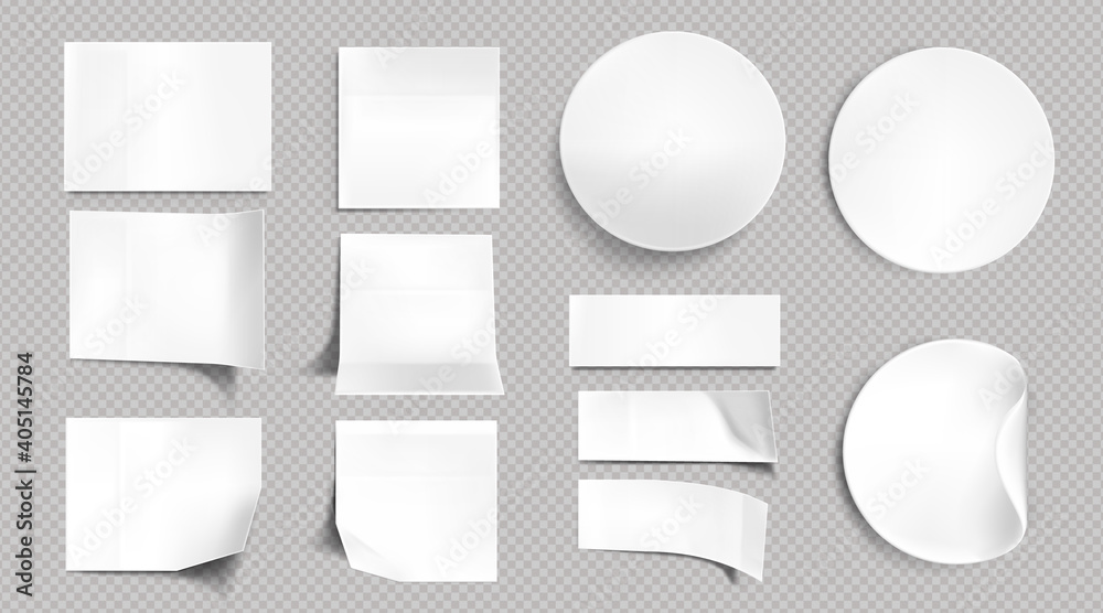 White paper stickers, blank square, round and rectangle sticky notes ...