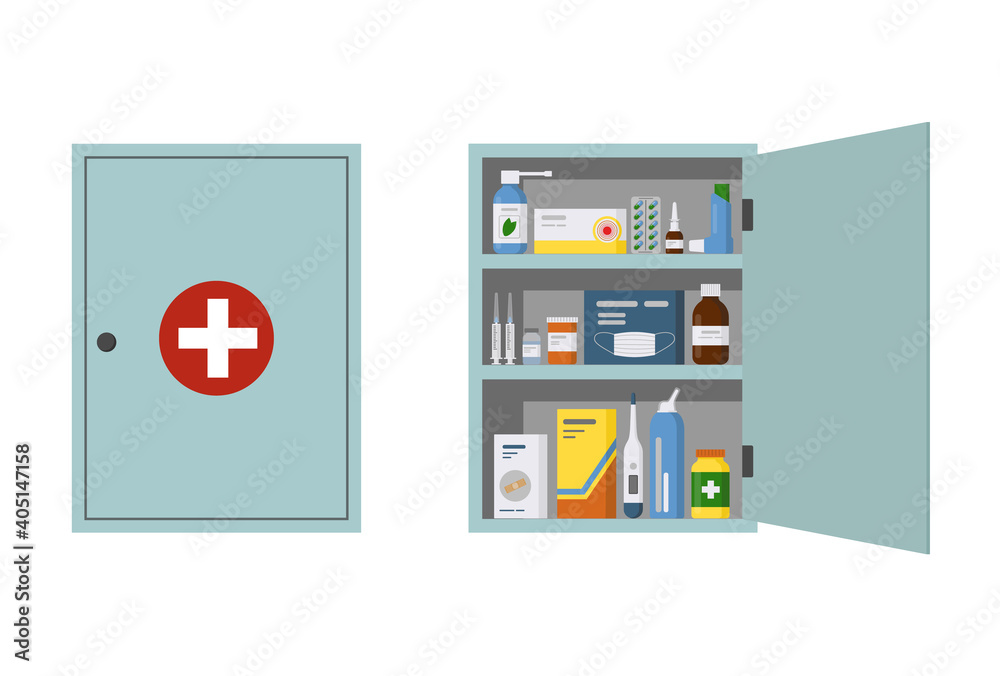 Medicine Cabinet with open and closed door in the bathroom. First aid ...