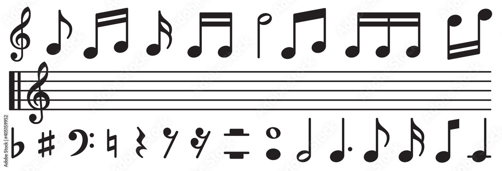 Music notes set. Music simbol. Musicnotes icons. Black treble clef ...