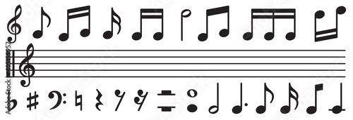 Naklejka Music notes set. Music simbol. Musicnotes icons. Black treble ...